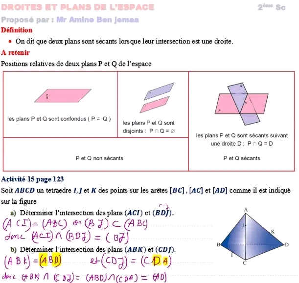 2 ème Sciences Math Droites et Plans de l'espace 2ème info +Sc