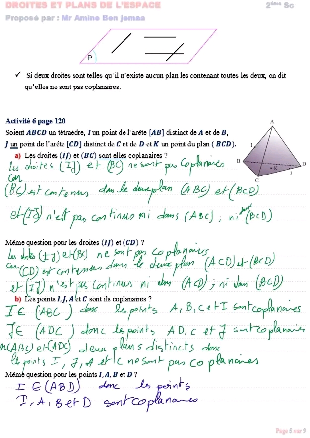 2 ème Sciences Math Droites et Plans de l'espace 2ème info +Sc