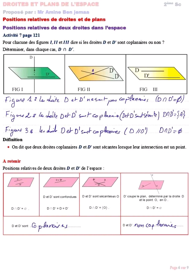 2 ème Sciences Math Droites et Plans de l'espace 2ème info +Sc
