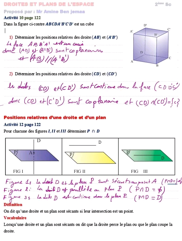 2 ème Sciences Math Droites et Plans de l'espace 2ème info +Sc