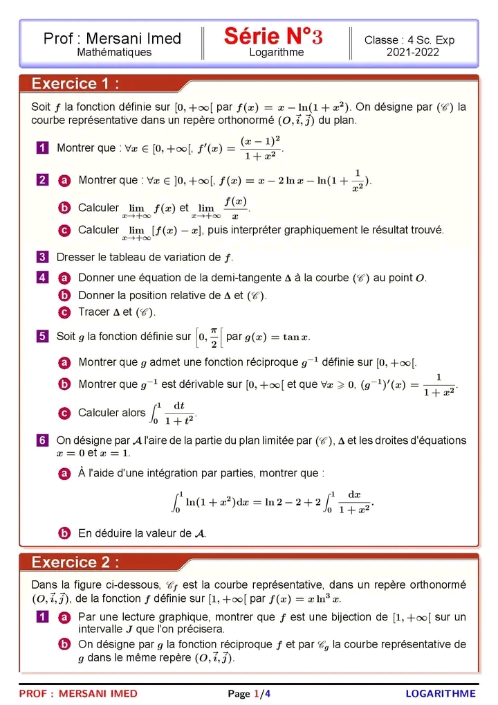 Bac Sc expérimentales Math Série de Révision Fonction logarithme népérien 4 Sc. Exp