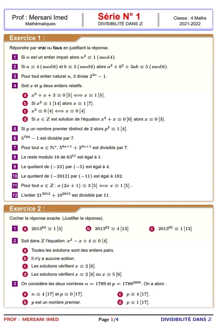 Bac math Math Divisibilité dans Z Série N°1 Bac Maths