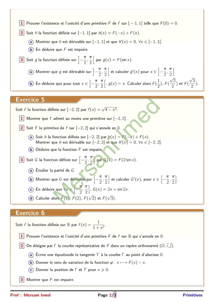 Bac Sc expérimentales Math Une série corrigée Primitives 4 Sc. Exp