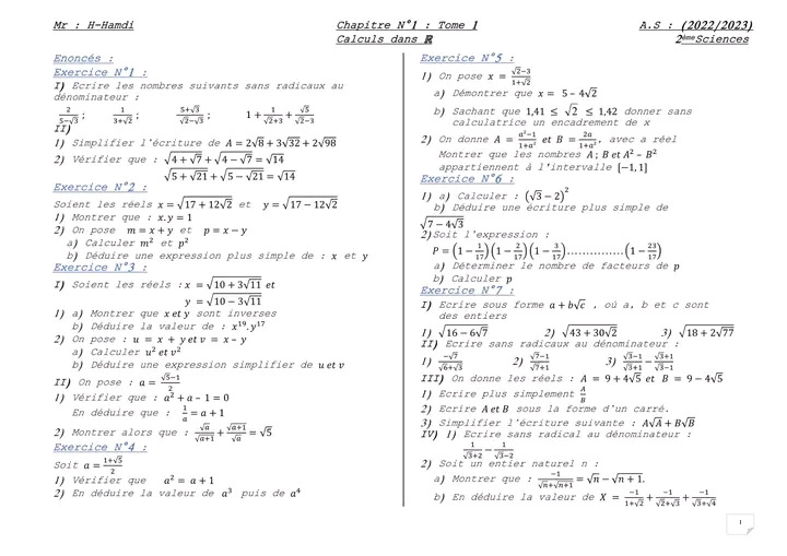 2 ème Sciences Math Série d'exercices +correction possible (Calculs ...