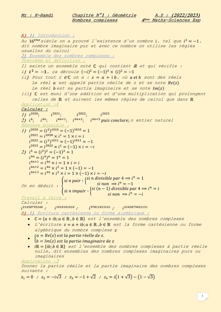 Bac math Math Cours complet (Nombres complexes) 4 ème Maths-Sciences