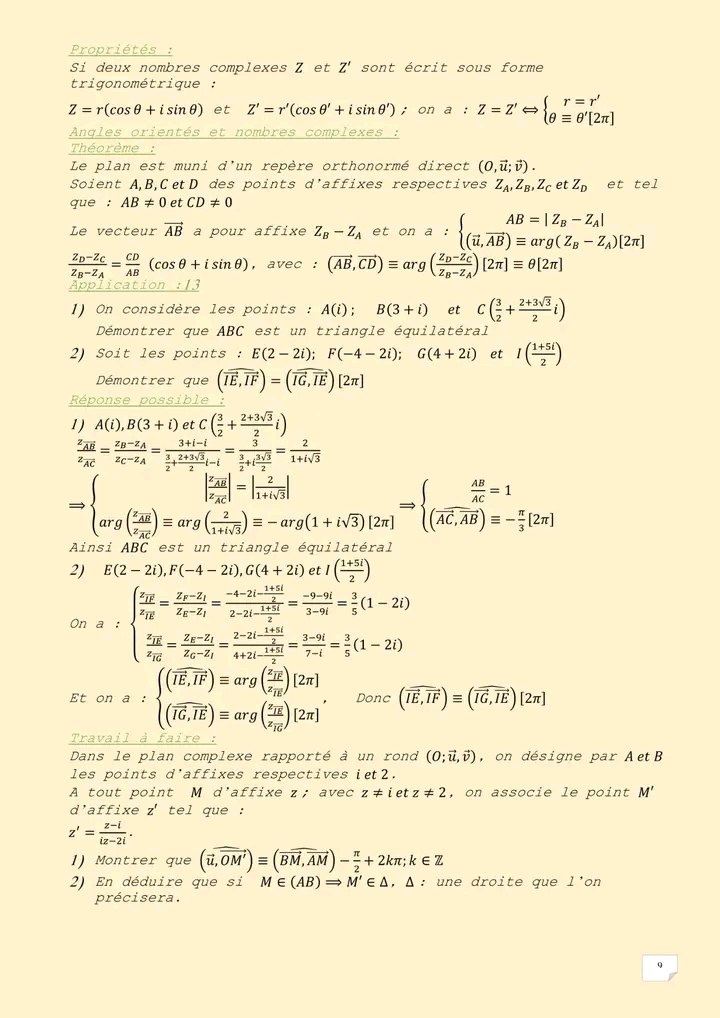 Bac math Math Cours complet (Nombres complexes) 4 ème Maths-Sciences