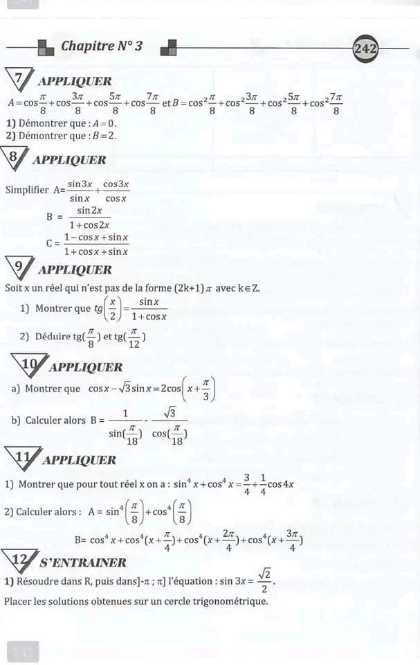 3 ème Sc expérimentales Math chapitre 3 :Trigonometrie exercices corriges