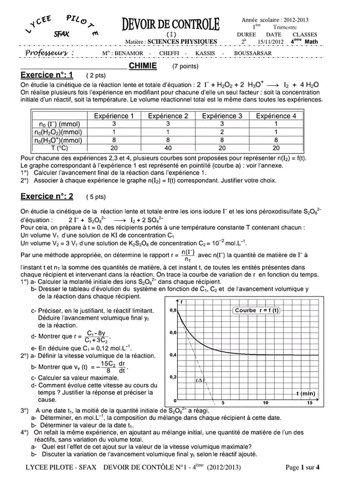 Bac math Physique Devoir de contrôle n1 physique avec corrections lycée pilote sfax