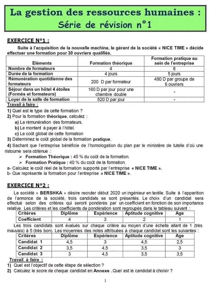 Bac Econmie et Gestion Gestion Série ressources humaines avec correction