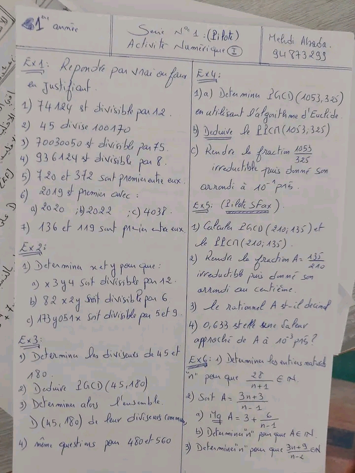 1ère année secondaire Math SERIE PILOTE N 1 1 ere année , activité numérique 1