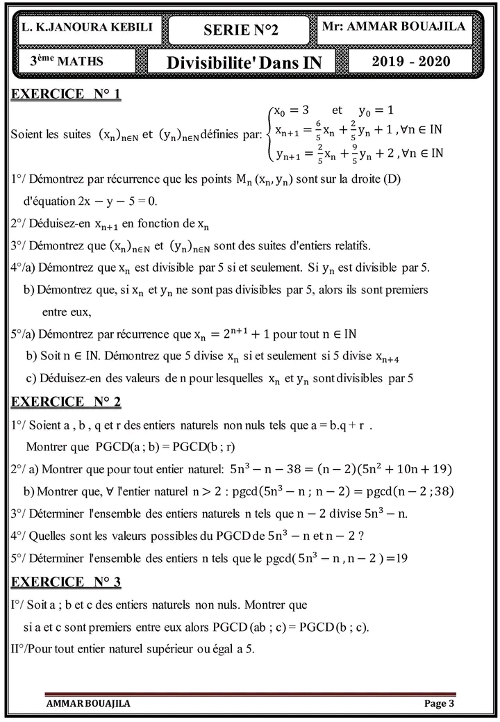 3 ème Mathématiques Math 3 séries divisibilité 3 maths