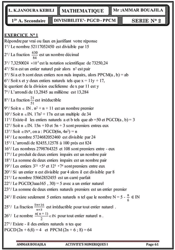 1ère année secondaire Math Activité numérique 1 1er année secondaire ...