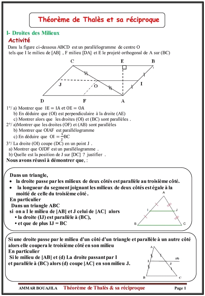Bac math Math cours complet sur théorème de Thalès et sa réciproque