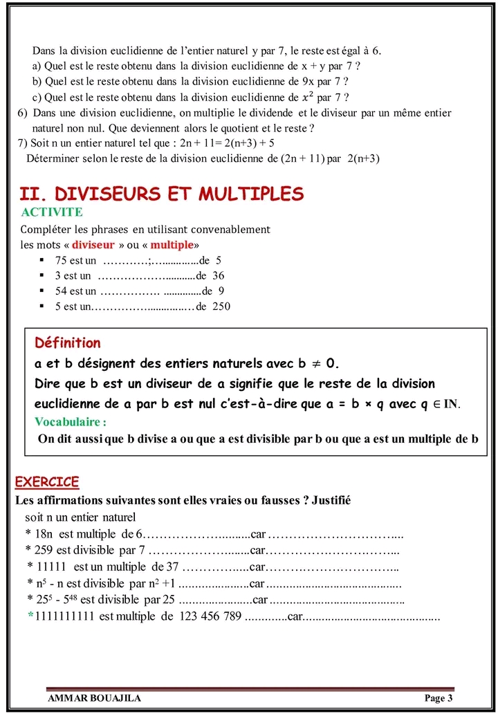 1ère année secondaire Math cours complet activités numériques I