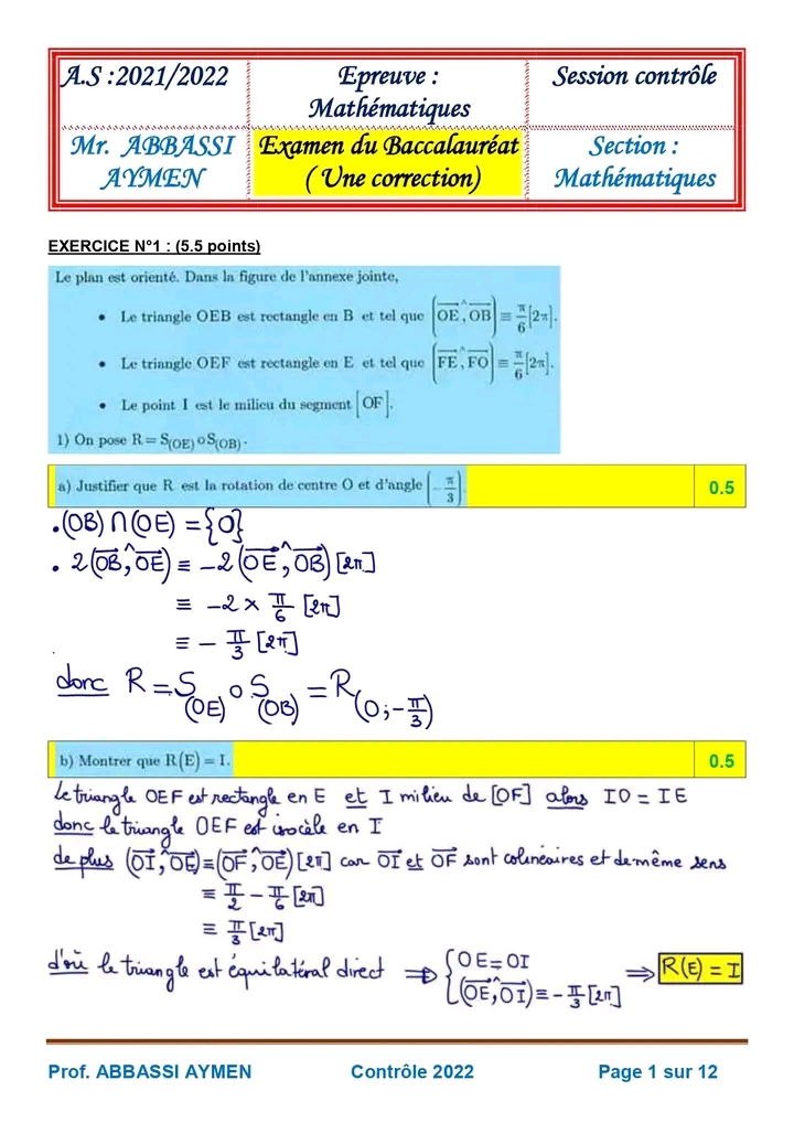 Bac math Math Une correction Contrôle 2022 section mathématique Prof : ABBASSI AYMEN