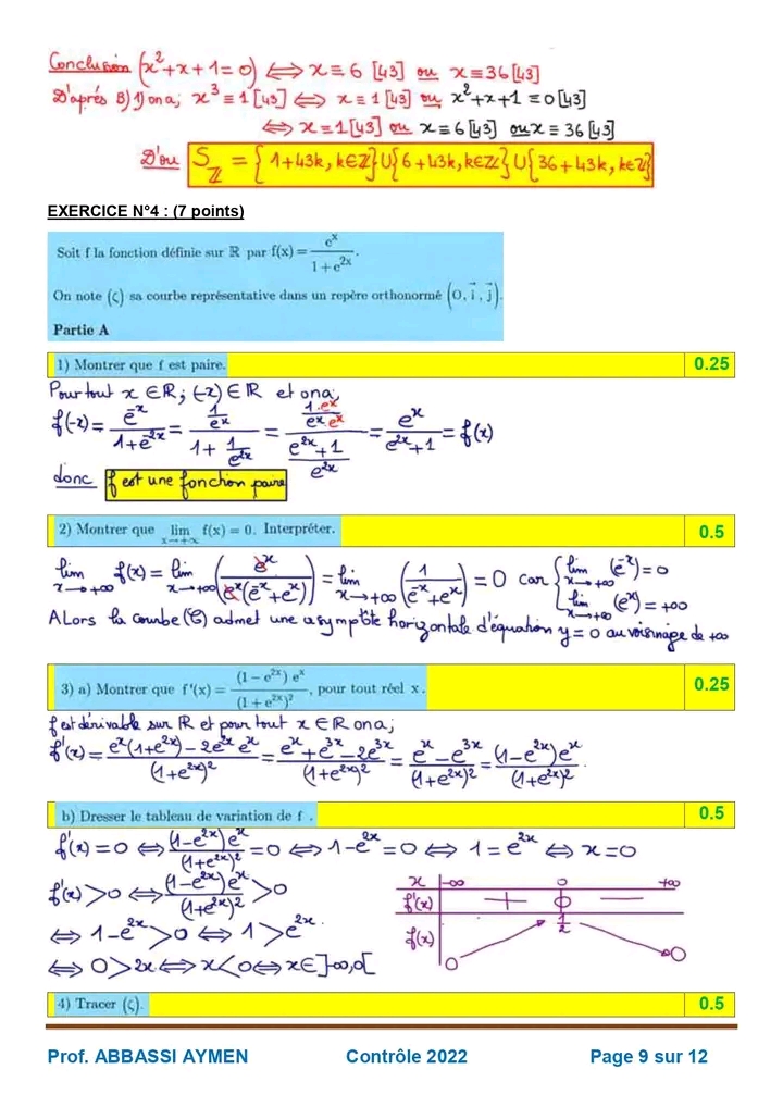Bac math Math Une correction Contrôle 2022 section mathématique Prof : ABBASSI AYMEN