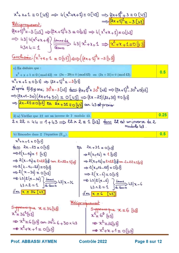 Bac math Math Une correction Contrôle 2022 section mathématique Prof : ABBASSI AYMEN