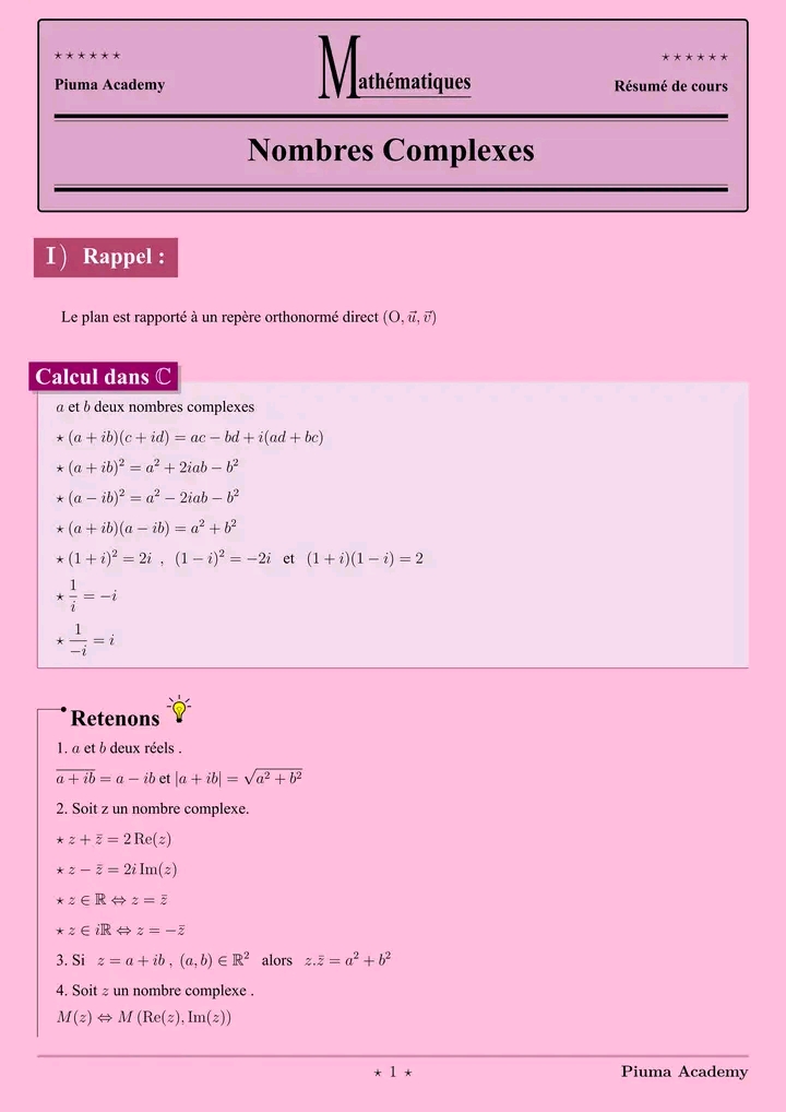 Bac math Math Résumé de cours № 1 🤩💯 Chapitre : Nombres complexes
