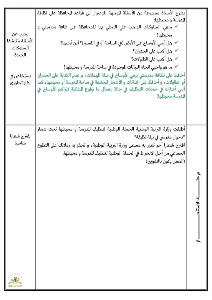 سنة أولى إبتدائي تواصل شفوي مذكرة الدرس الافتتاحي مع مشاهد مرافقة - نظافة المدرسة و محيطها 2022-2023