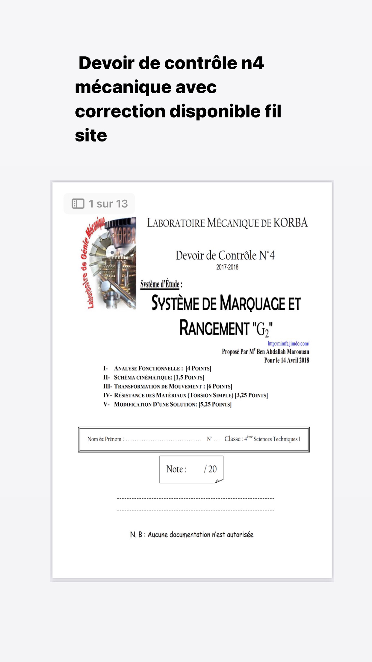 Bac Technique mecanique Devoir de contrôle n4 mécanique avec correction