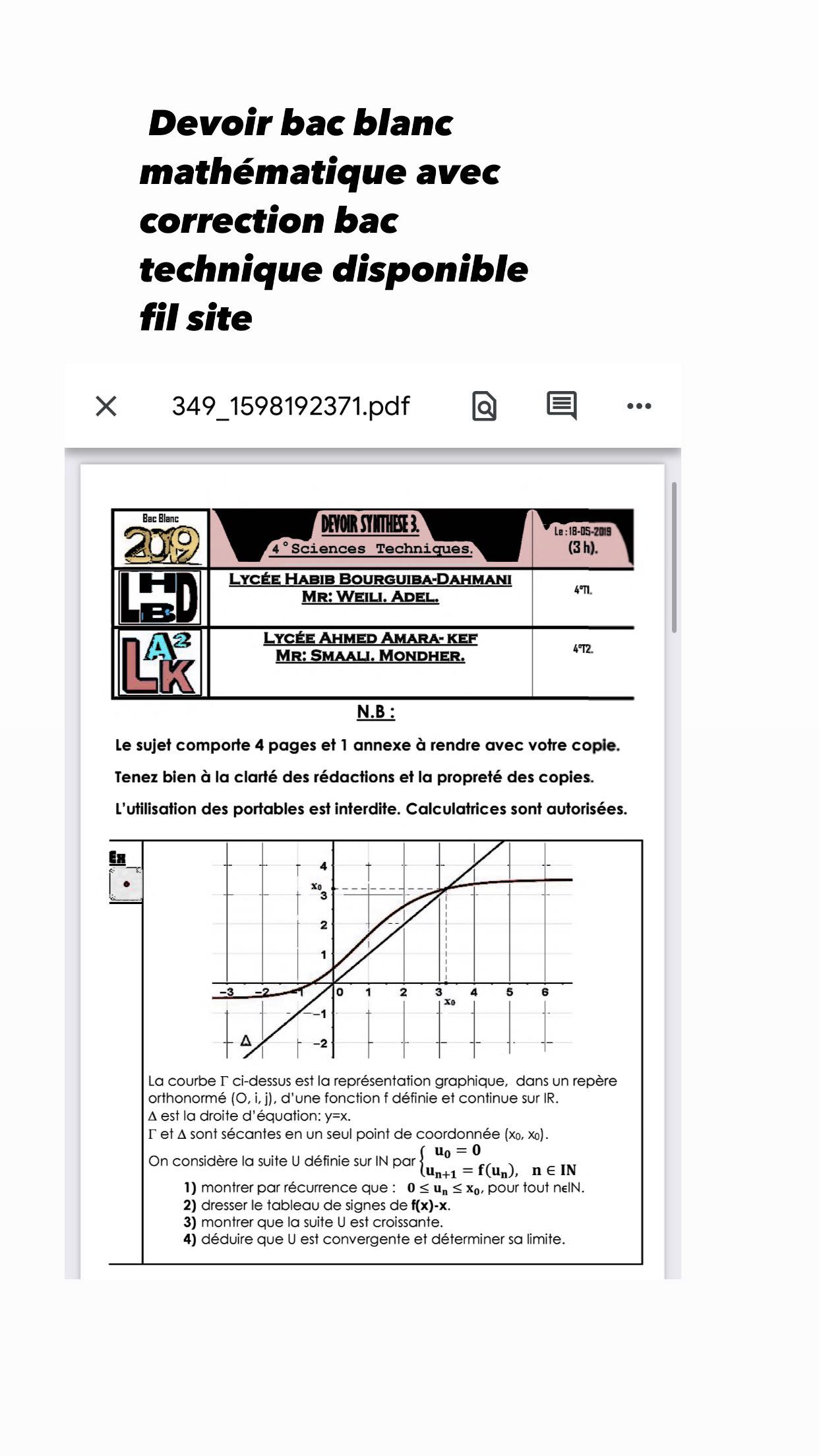Bac Technique Math Devoir bac blanc mathématique avec correction bac ...