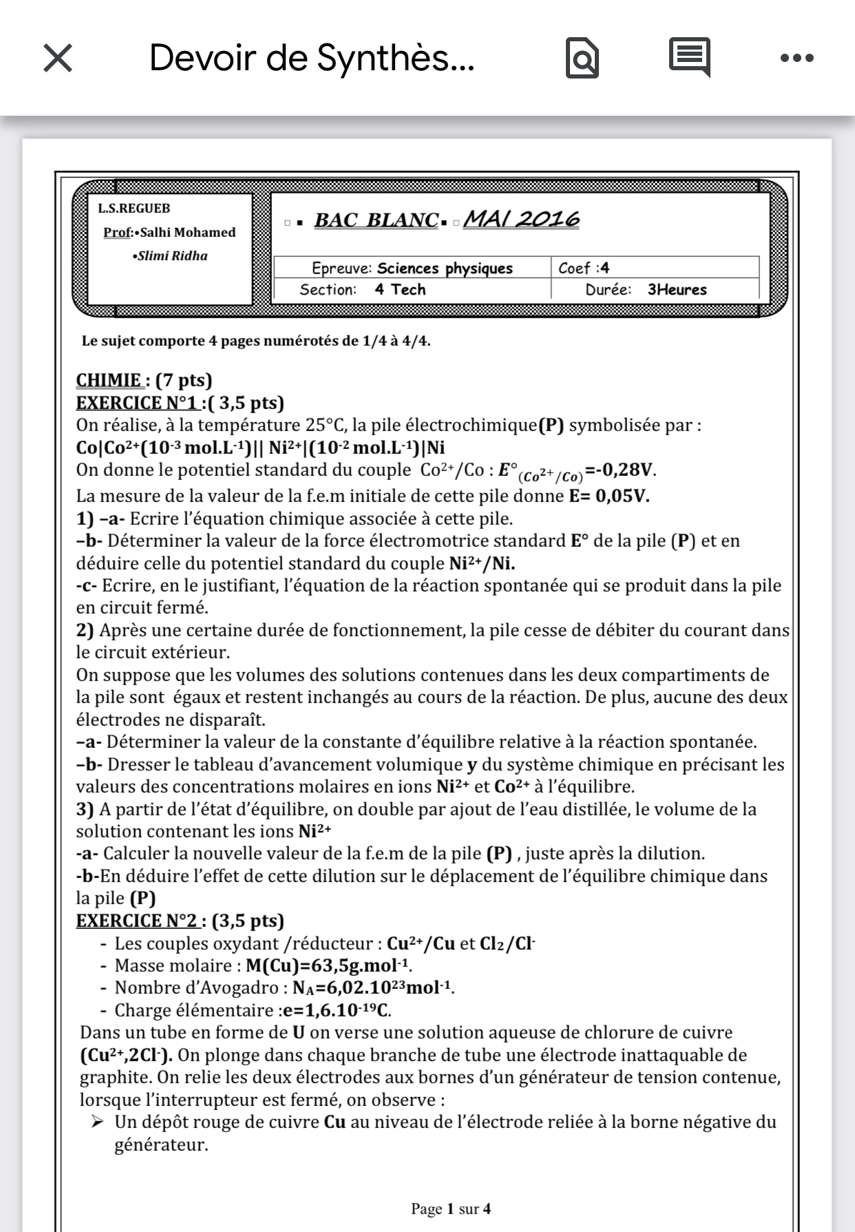 Bac Technique Physique-Devoirs de synthèse Physique trimestre 3