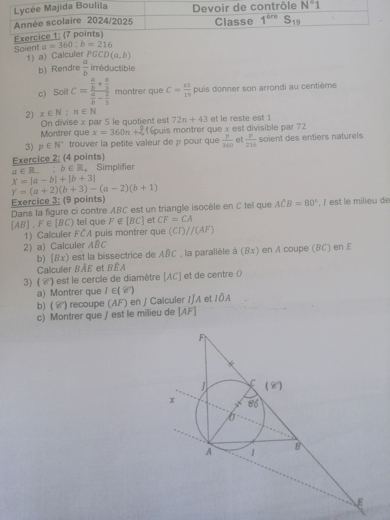 Séances en direct math 1ère année Devoirs Math correction du devoir de contrôle n°1